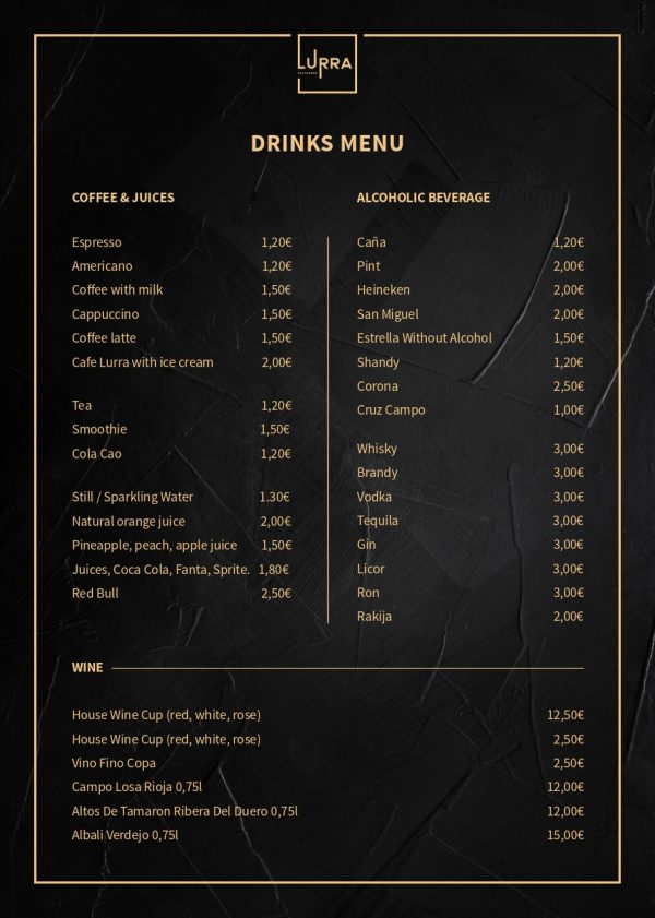 Drinks Menu Design - Lurra Gastrobar | We Design Marbella
